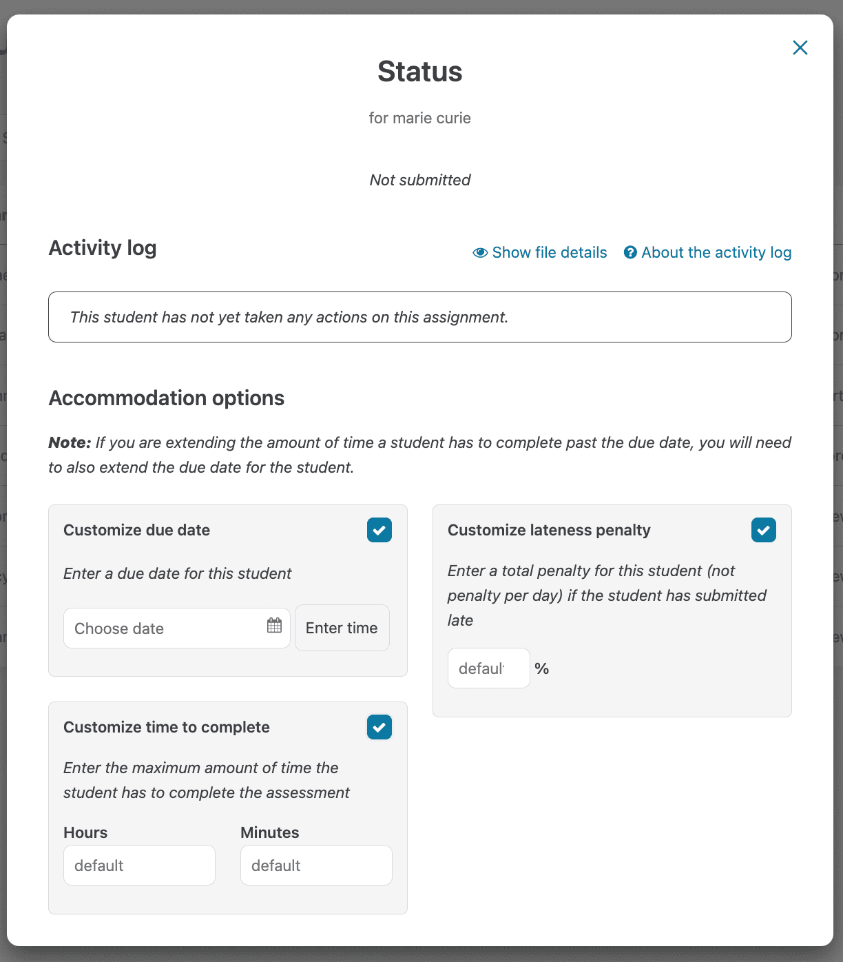 Accommodation options for assigned assessments | Crowdmark